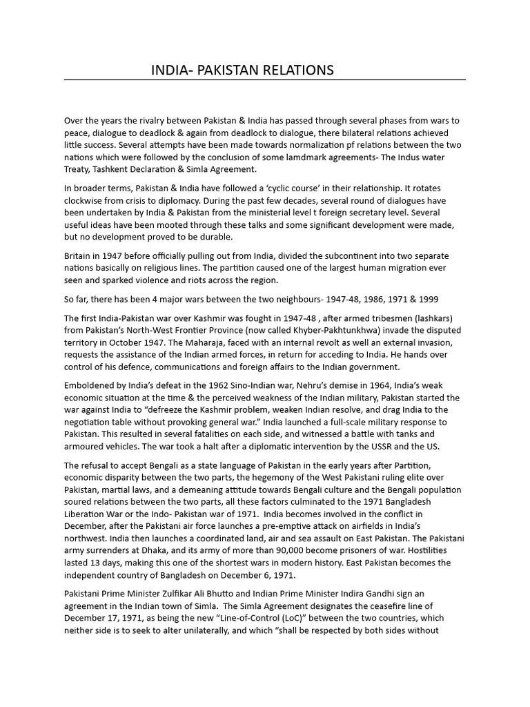 INDIA- PAKISTAN RELATIONS | PDF | Pakistan | India–Pakistan Relations