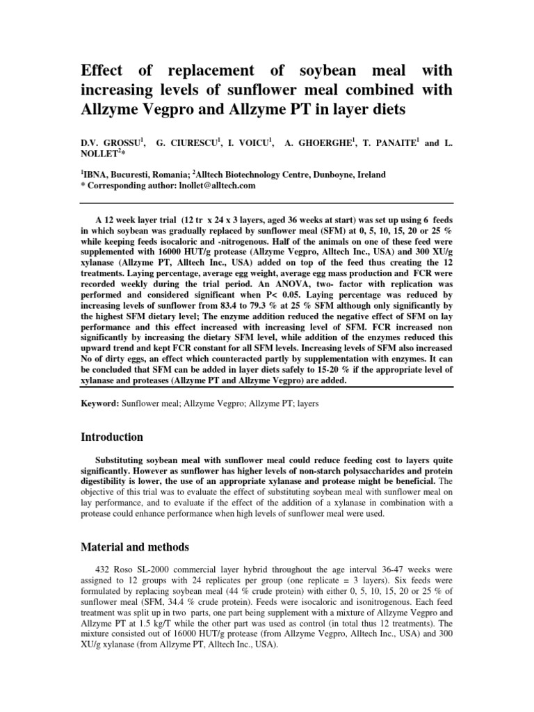 Effect of Replacement of Soybean Meal With Increasing Levels of Sunflower Meal Combined With ...