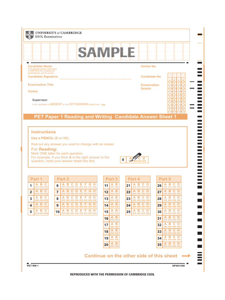 CompletePET TEST CandidateAnswerSheets | PDF