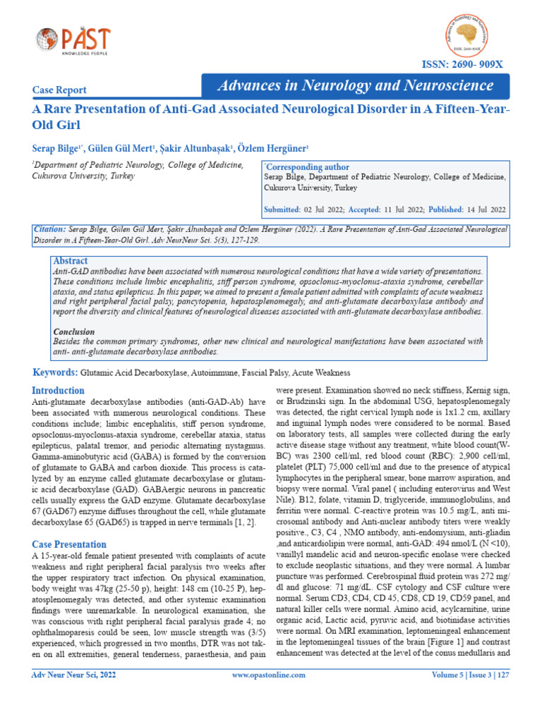 A Rare Presentation of Antigad Associated Neurological Disorder in A ...