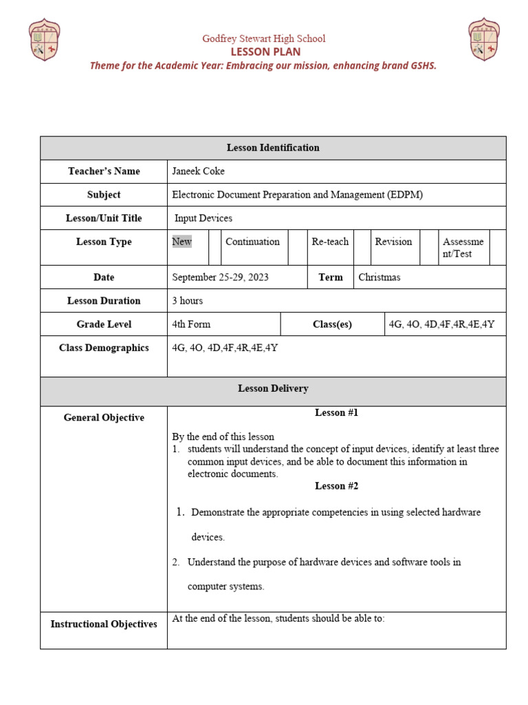 Week3 - Edpm - 4th Form-Lesson Plan | PDF | Input/Output | Lesson Plan