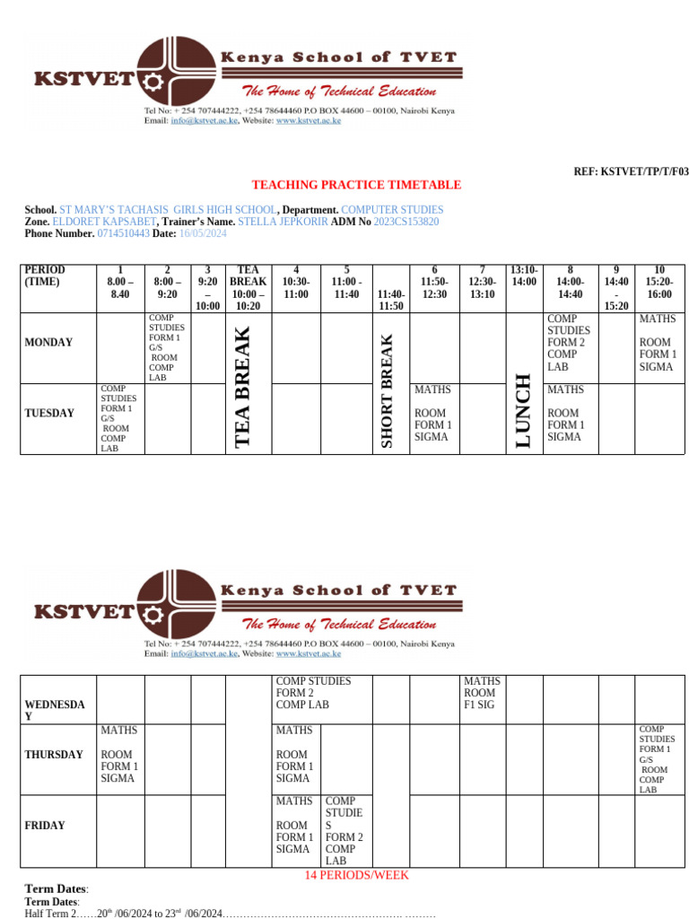 STELLA JEPKORIR 2023CS153820 TIME TABLE (PDF - Io) | PDF | Educational Institutions | Schools