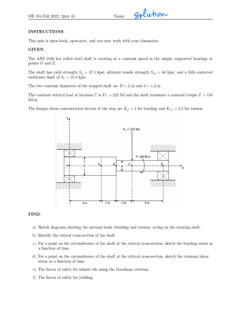ME354 Quiz4b Solution | PDF | Strength Of Materials | Bending