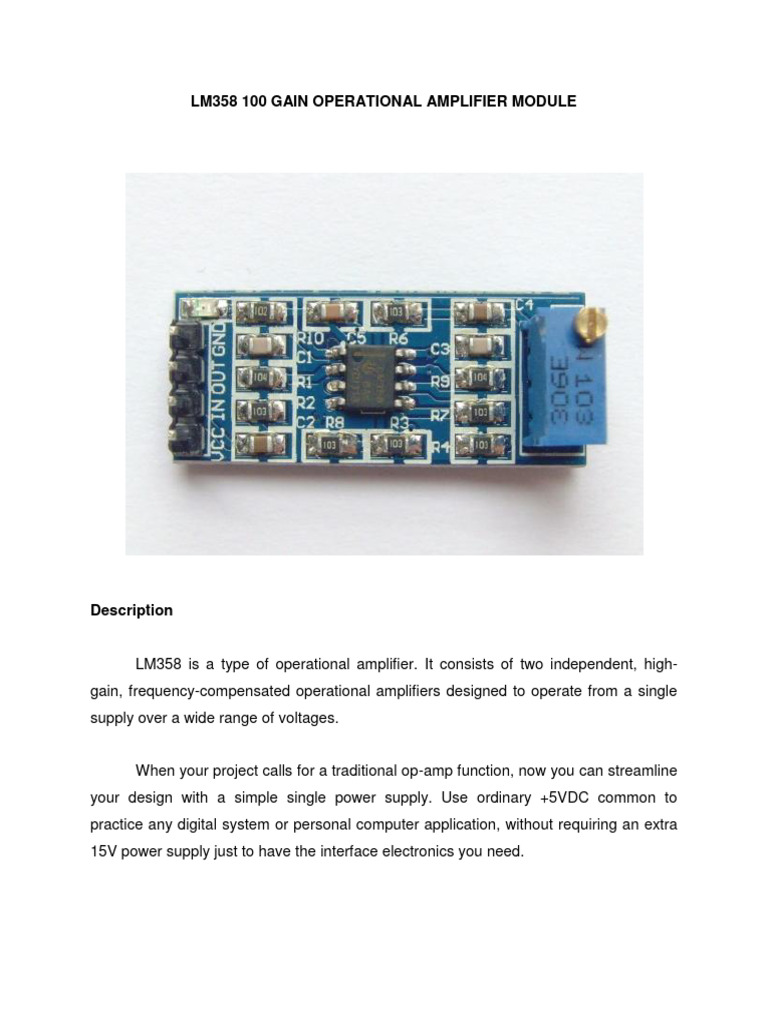 Lm358 100 Gain Operational Amplifier Module | PDF | Amplifier ...