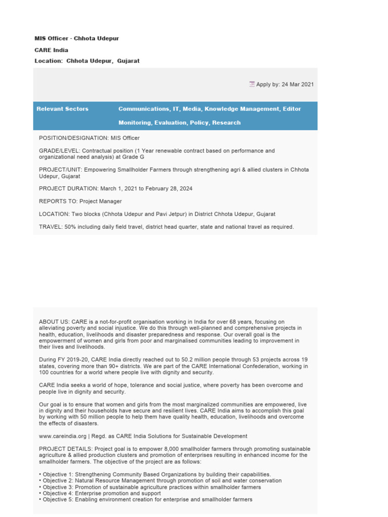 MIS Officer - CARE India Chhota Udepur | PDF | Data | Information