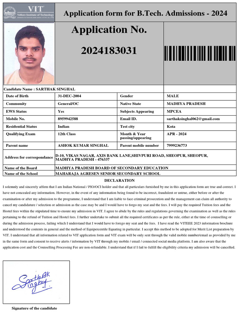Application No. 2024183031: Application Form For B.Tech. Admissions ...
