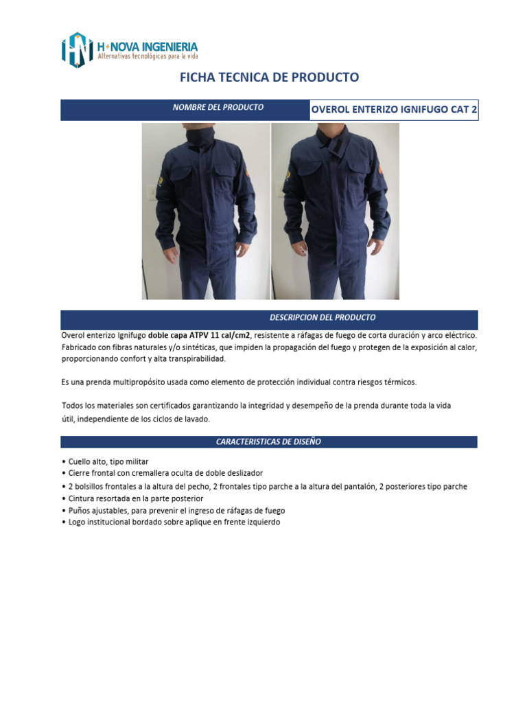 FICHA TECNICA OVEROL IGNIFUGO CAT 2 | PDF | Ropa FICHA TECNICA OVEROL IGNIFUGO CAT 2 | PDF | Ropa