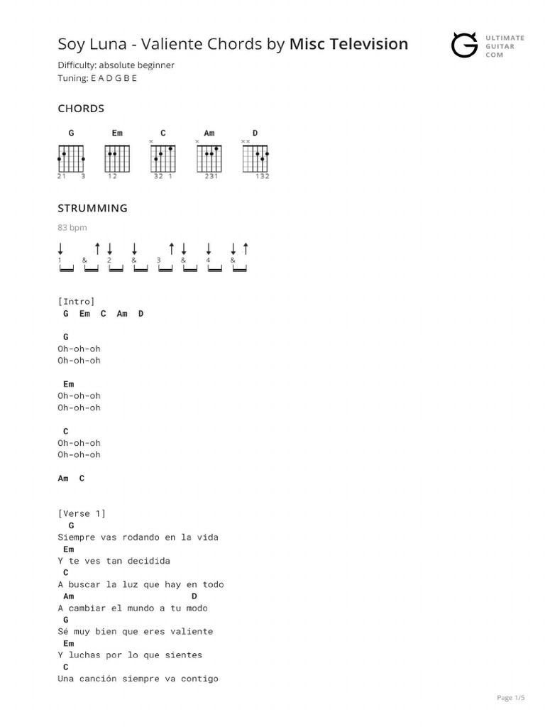 Soy Luna - Valiente Chords | PDF