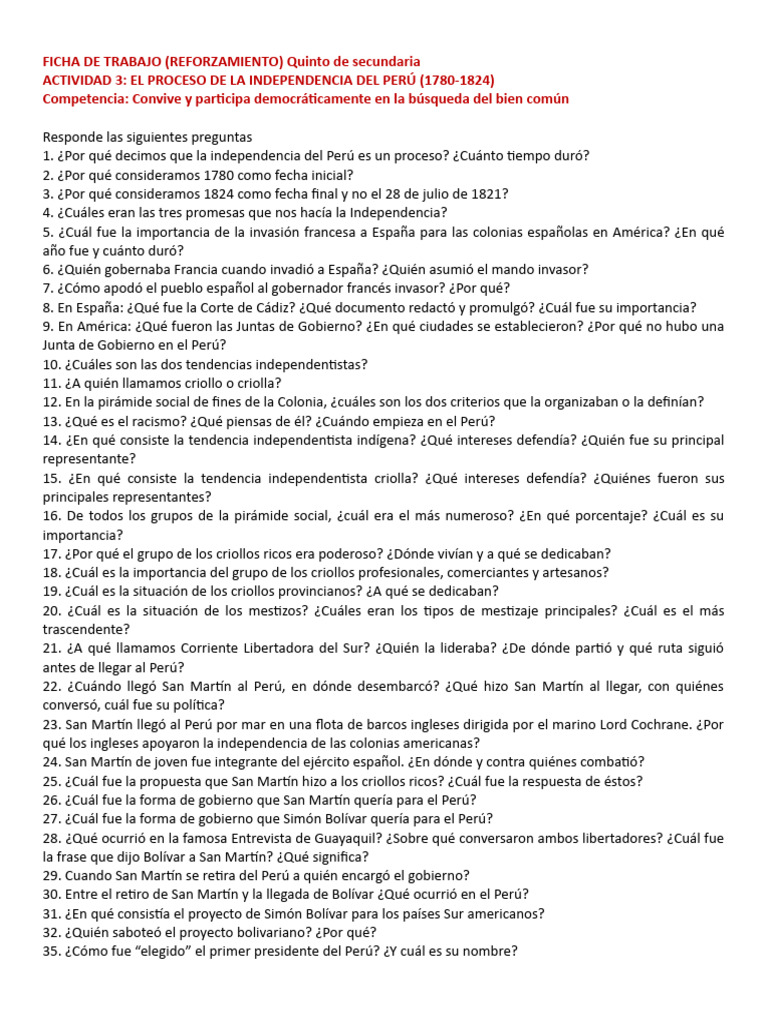 5° FICHA DE TRABAJO Independencia | PDF | Perú | España