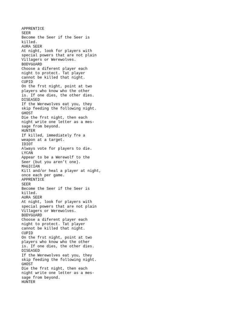 Role Chart | Download Free PDF | Werewolves