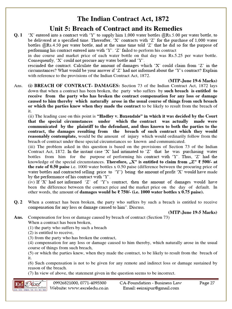 Indian Contract Act Chapter - 5 | PDF | Breach Of Contract | Damages