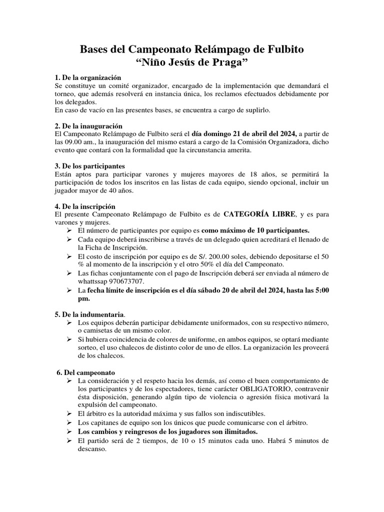 Reglamento Campeonato Fulbito 2024 | PDF | Árbitro | Deportes