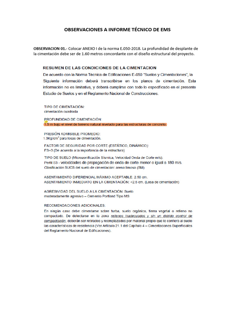 Observaciones al Informe Técnico EMS | PDF | Fundación (Ingeniería) | Ingeniería estructural