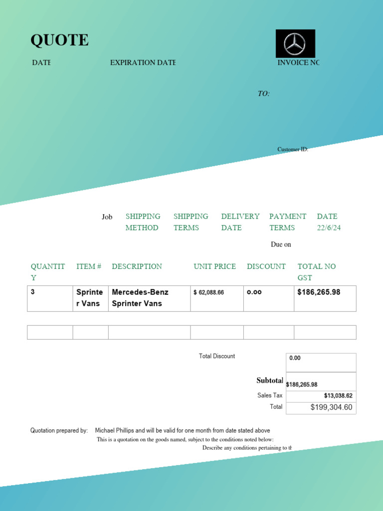 Quote: Date Expiration Date Invoice No | PDF | Mercedes Benz Sprinter ...