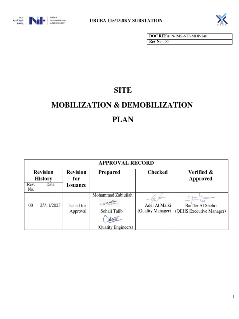 Site Mobilization and Demobilization Plan | PDF | Electrical Substation ...