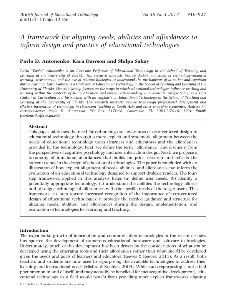 Brit J Educational Tech - 2016 - Antonenko - A Framework For Aligning Needs Abilities and ...