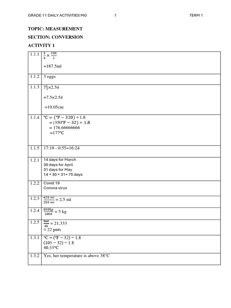 Grade 11 Measurement Activities | PDF | Area | Length