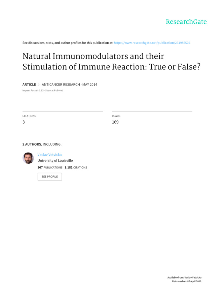 Natural Immunomodulators and Their Stimulation | PDF | Immunotherapy ...