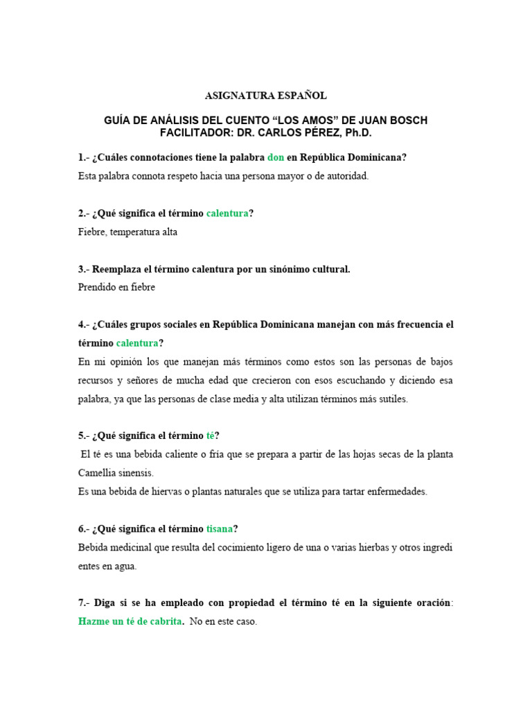 Guia de Analisis Del Cuento Los Amos | Descargar gratis PDF | Té