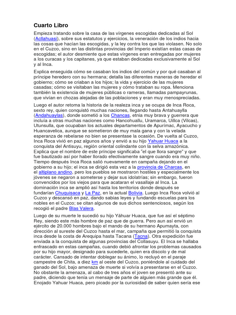 Cuento Peruano Comentarios Reales Cuarto Libro | PDF | Imperio Inca | Perú