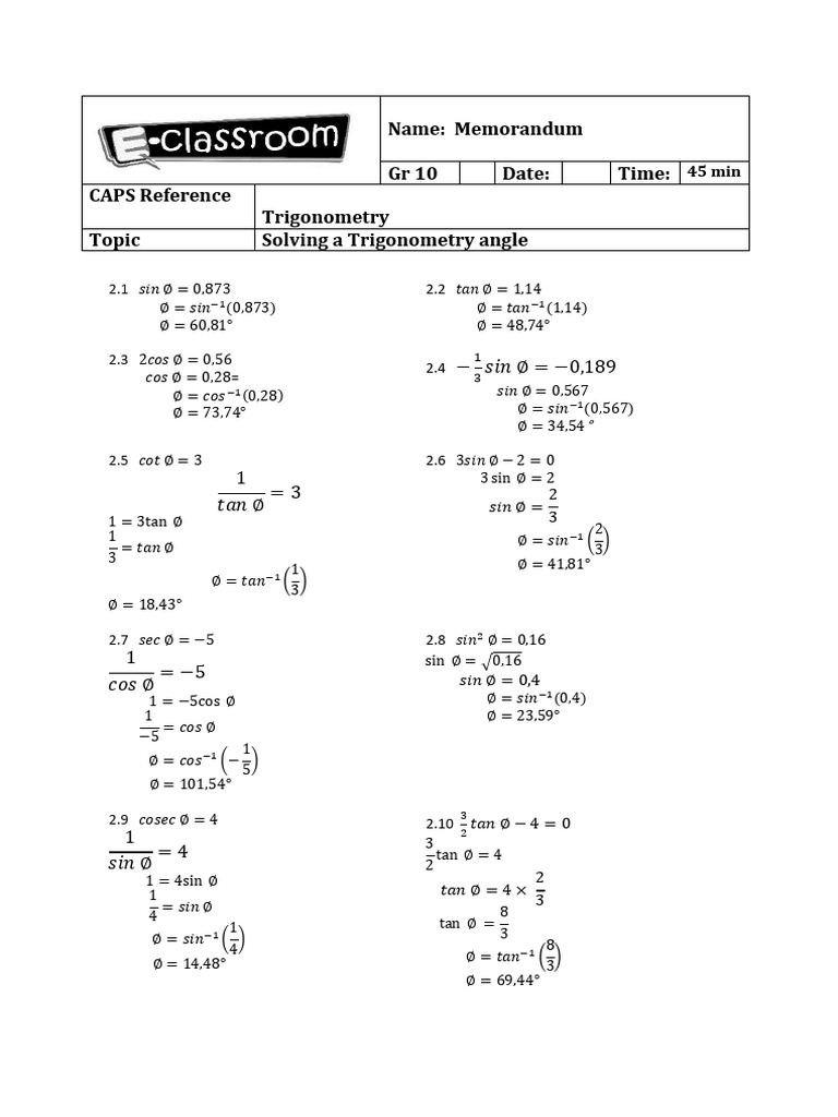 gr10t2 Trigonometry Solving Angles Memo | PDF | Trigonometry | Elementary Geometry