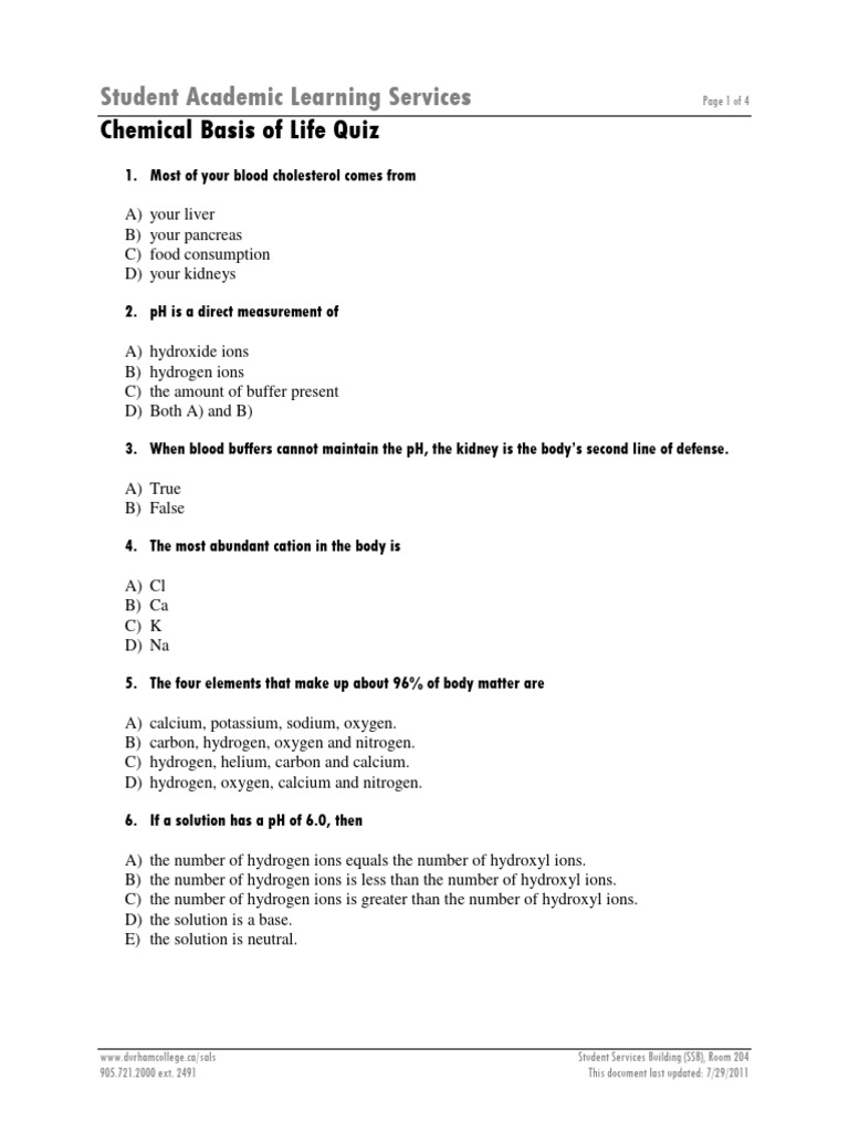 Chemical Basis of Life Quiz | PDF | Fat | Hydroxide