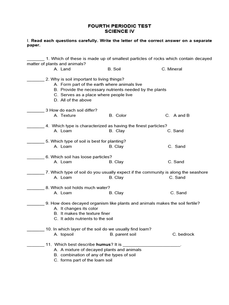 Fourth Periodic Test - Science | PDF | Soil | Loam