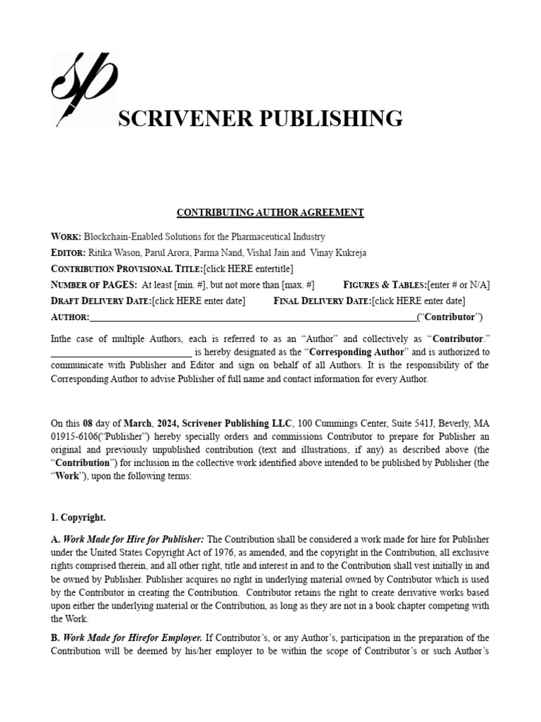 SP Contributing Author Agmt Template | PDF | Publishing | Plagiarism