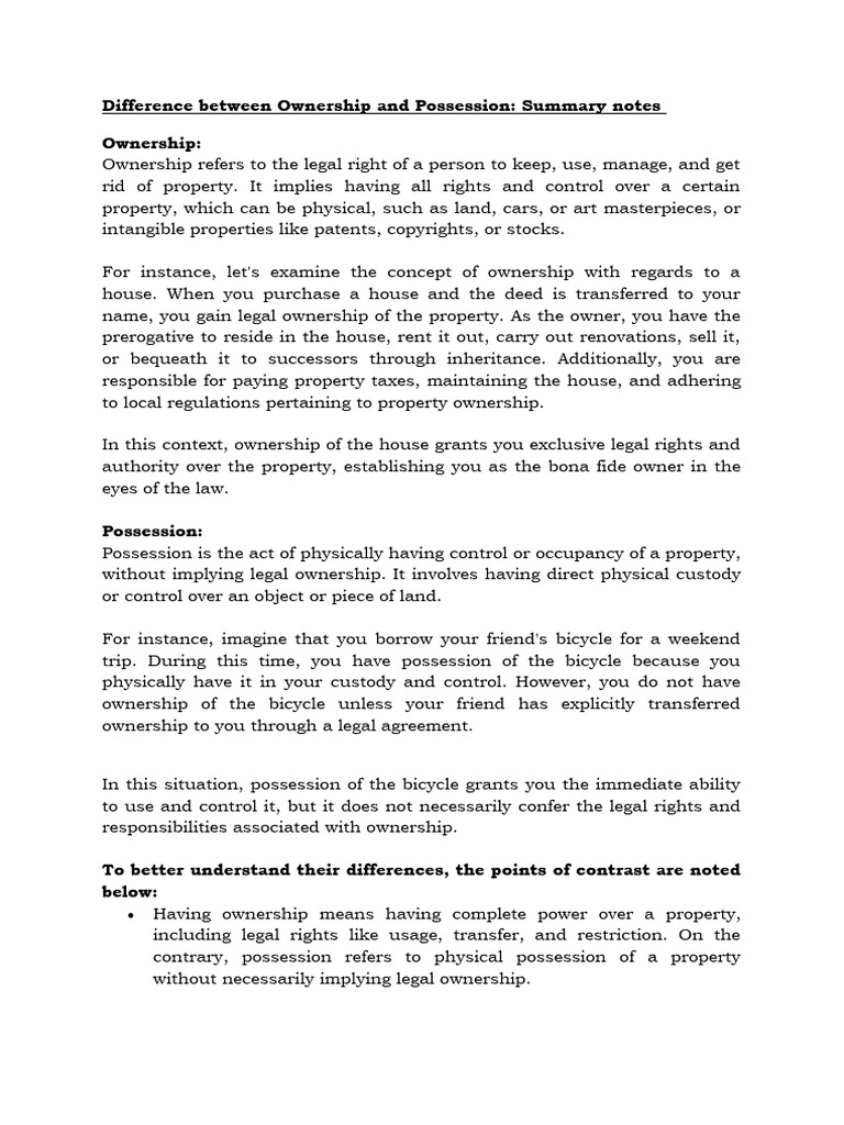 Ownership v. Possession Summary Notes | PDF | Possession (Law) | Ownership