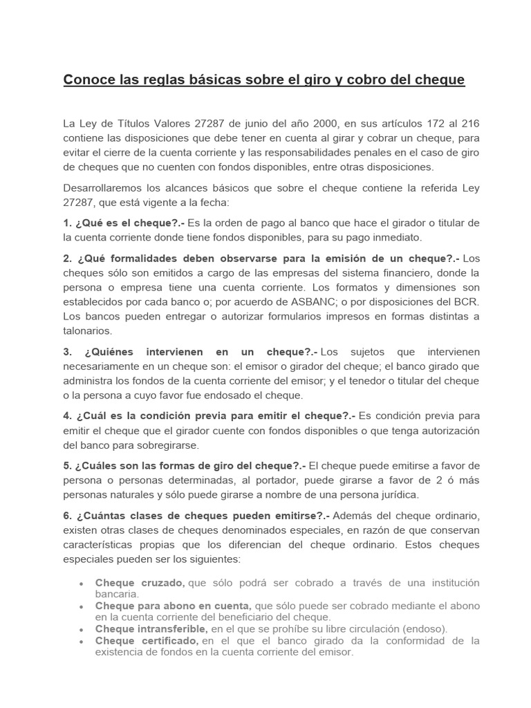 Conoce Las Reglas Básicas Sobre El Giro y Cobro Del Cheque | PDF ...