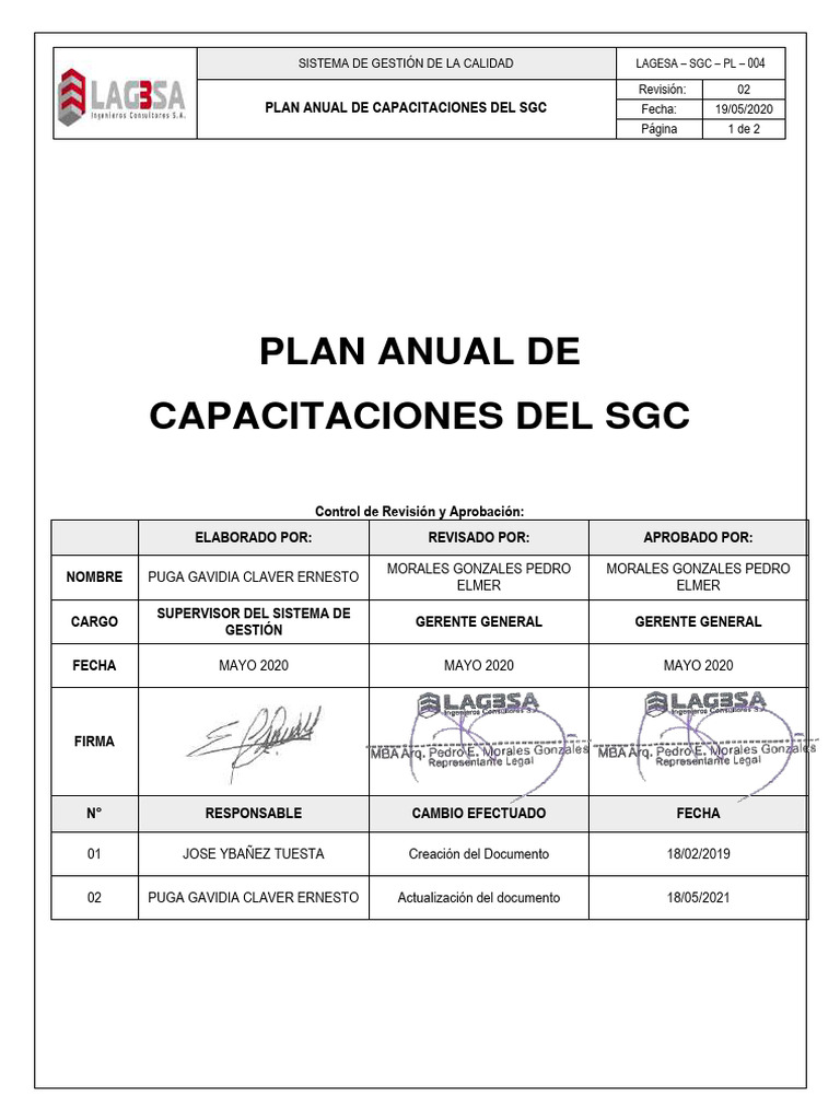 Lagesa - SGC - PL - 004 Plan Anual de Capacitaciones | Descargar gratis PDF | Sistema de manejo ...