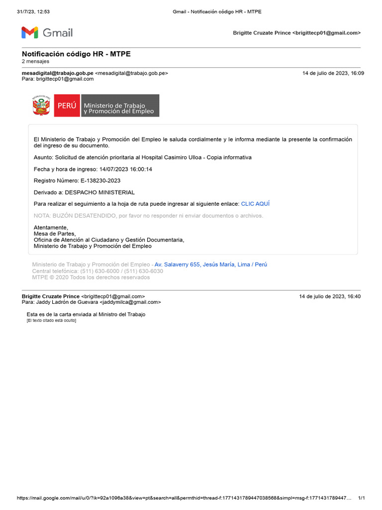 Gmail - Notificación Código HR - MTPE | PDF