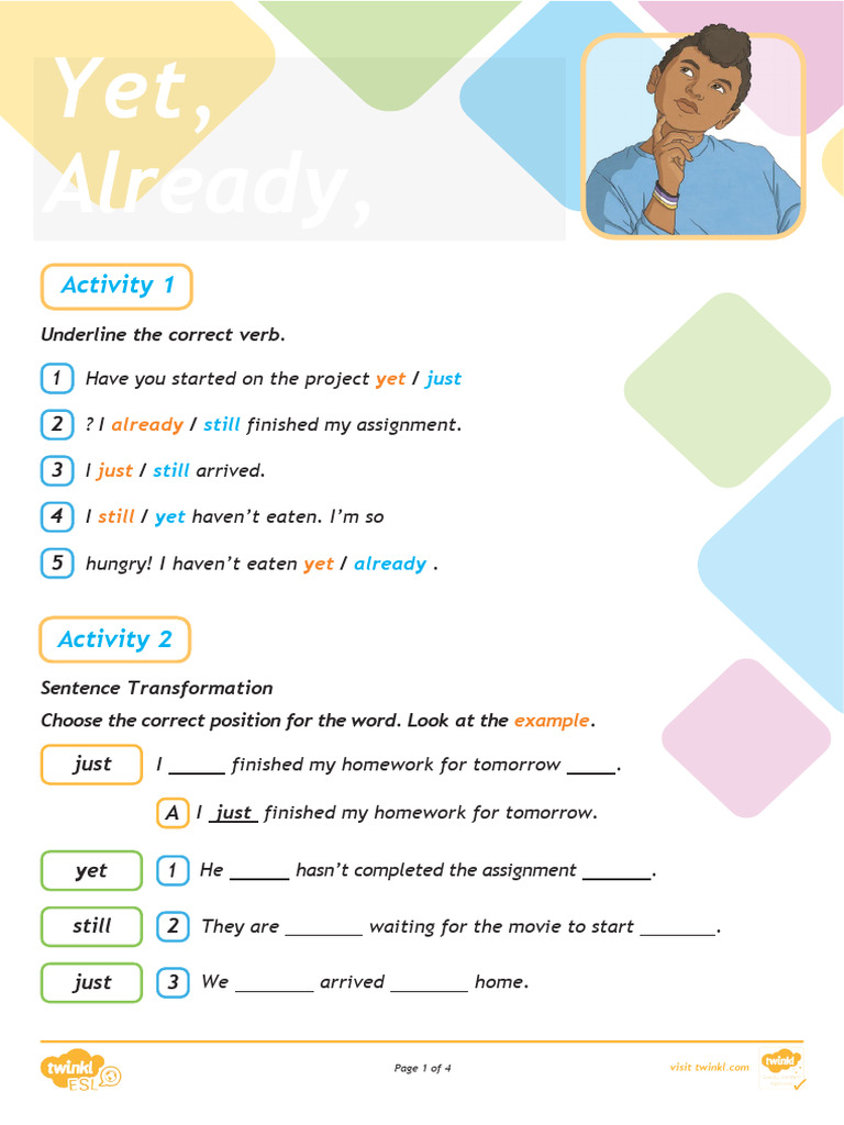 ESL Practice: Yet, Already, Just, Still | PDF | English As A Second Or ...