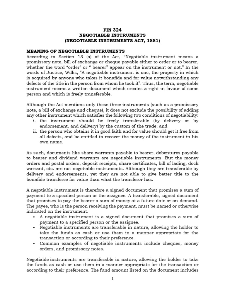 Negotiable Instruments | PDF | Negotiable Instrument | Cheque