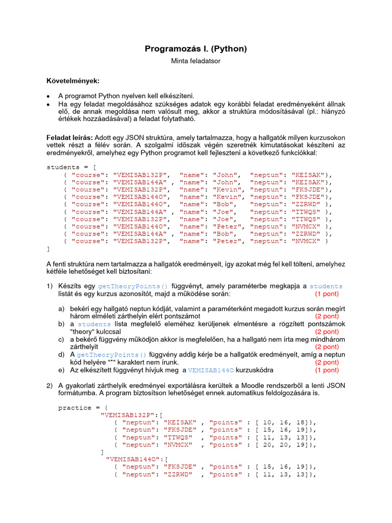 Programozas I Python Mintafeladatsor | PDF
