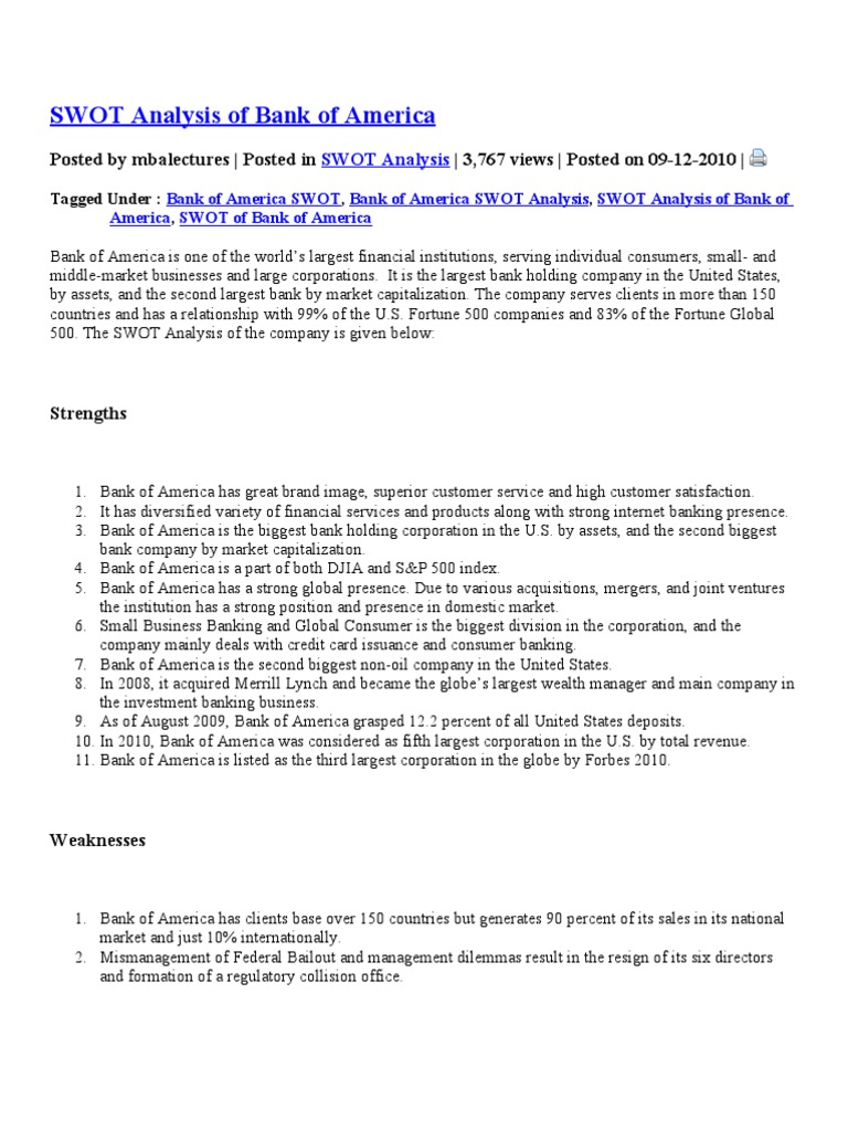 Bank of America SWOT Analysis 2010 | PDF | Bank Of America | Mergers ...