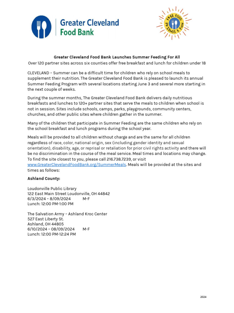 Greater Cleveland Food Bank Summer Feeding Program Locations | PDF ...
