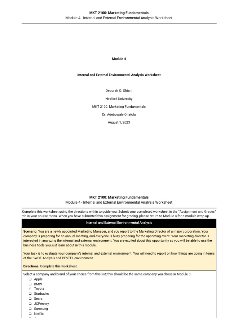 Deborah Ohiani - MKT 2100 (Module 4 Worksheet) | PDF | Toyota | Innovation