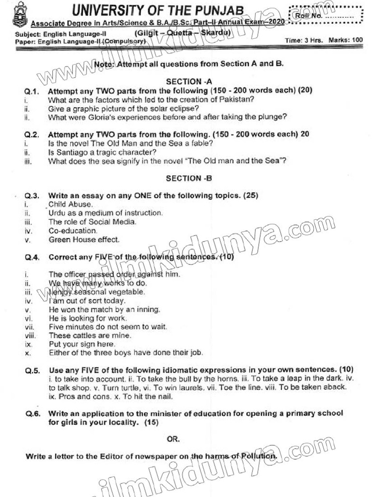 Past Paper BA BSC Part 2 Punjab University English Giligt Paper I Subjective 2020 | PDF