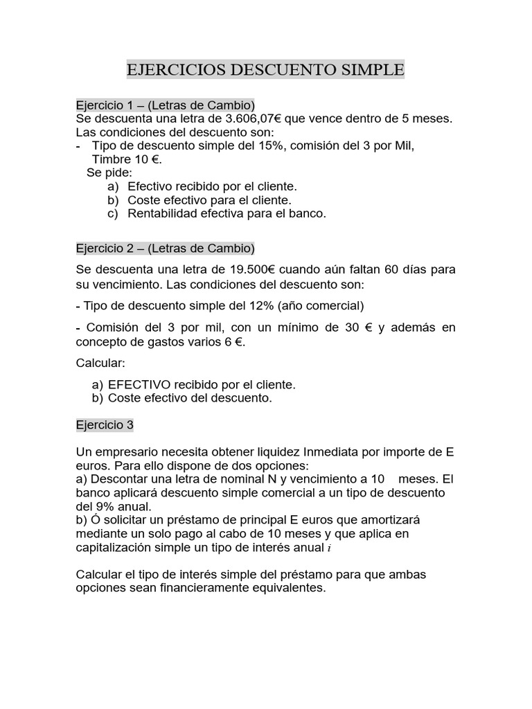 Enunciado Ejercicios Descuento | PDF | Interés | Bancos
