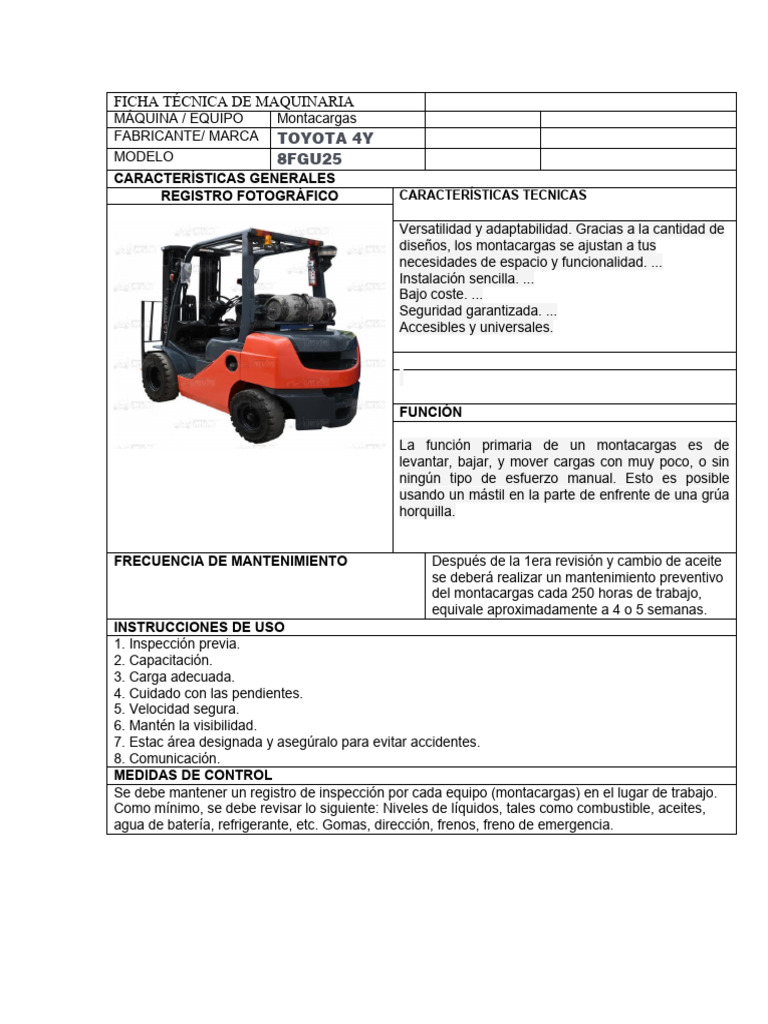 Ficha Tecnica de Maquinaria | PDF | Máquina elevadora | Transporte