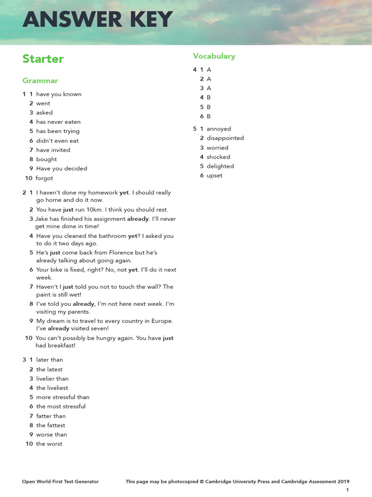 Starter Unit Test Answer Key | PDF