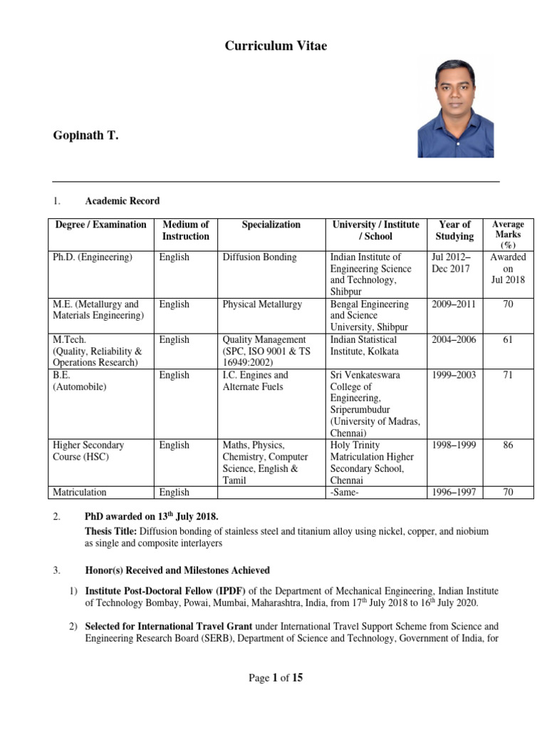 Short CV Gopinath 20240522 | PDF | Stainless Steel | Mechanical Engineering
