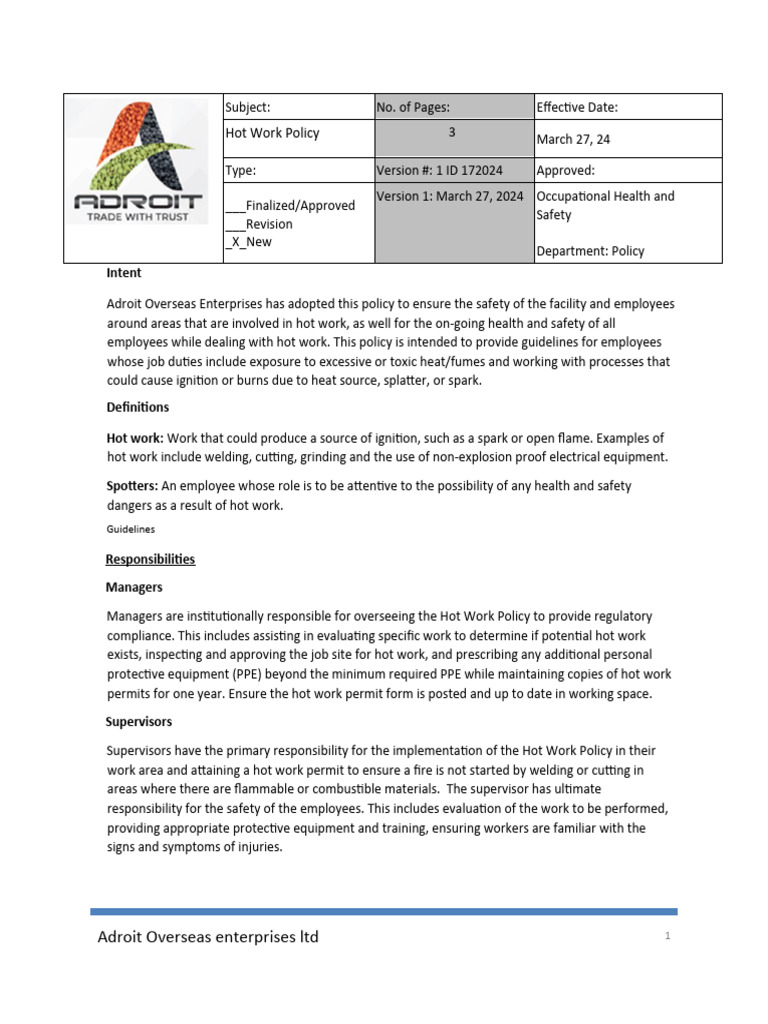 Hot Work Policy - 172024 | PDF | Occupational Safety And Health ...