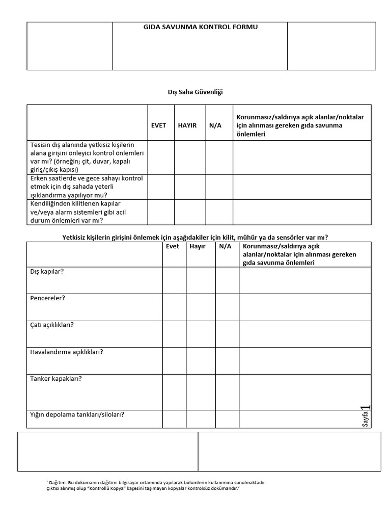 Gida Savunma Kontrol Formu1 | PDF
