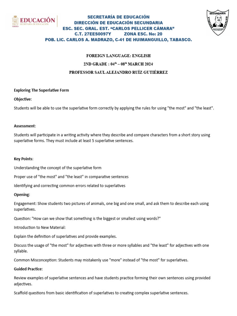 Superlative Form Lesson Plan for 2nd Grade | PDF | Vocabulary | Linguistics