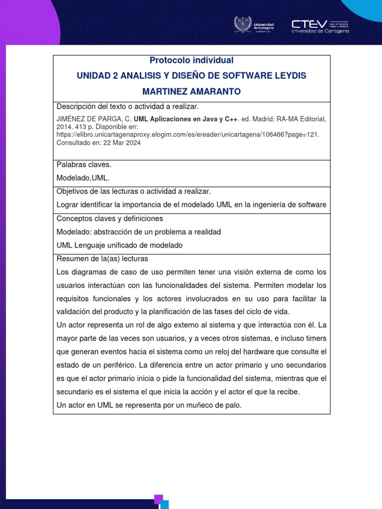 Protocolo Individual Unidad 2 Analisis y Diseño | PDF | Lenguaje de modelado unificado | Caso de uso