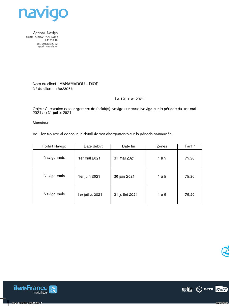 Attestation Navigo Mensuel 2021 | PDF