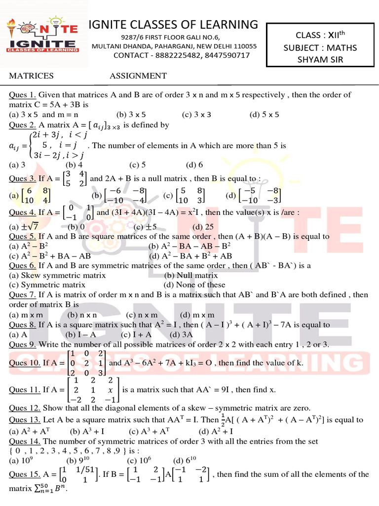 Matrices Assignment | PDF | Matrix (Mathematics) | Mathematical Objects