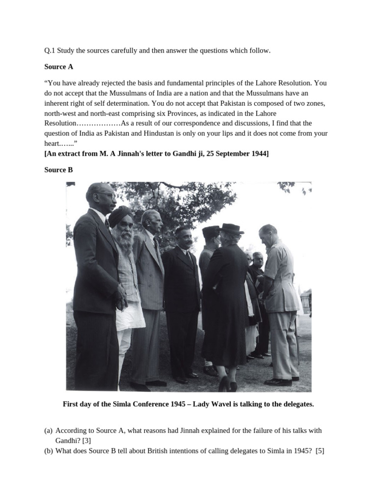 History Source Based Questions | PDF | Muhammad Ali Jinnah | Zulfikar ...